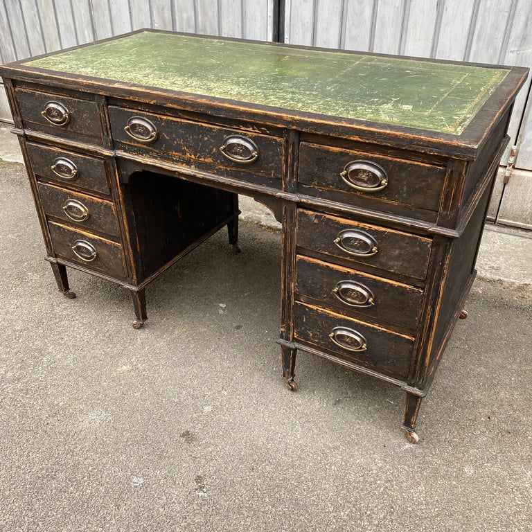 Gustavian Black Painted Executive Desk Green with Leather Top For Sale ...