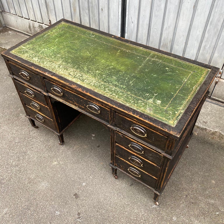 Gustavian Black Painted Executive Desk Green with Leather Top For Sale ...