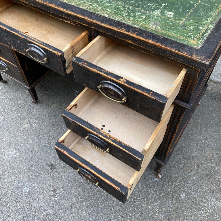Gustavian Black Painted Executive Desk Green with Leather Top For Sale ...