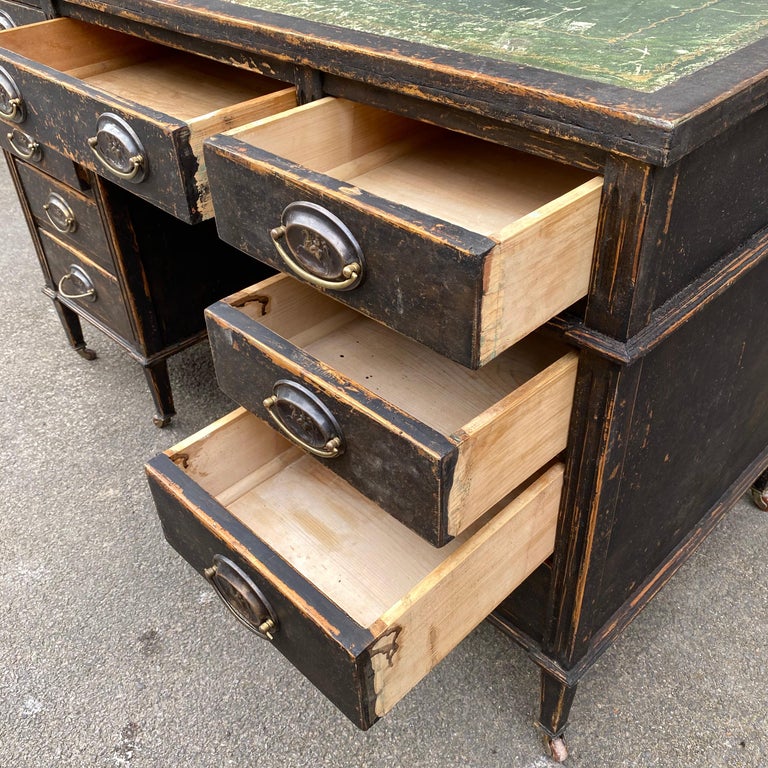 Gustavian Black Painted Executive Desk Green with Leather Top For Sale ...