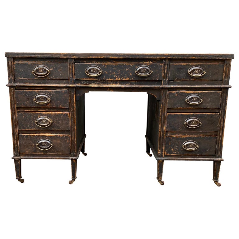 Gustavian Black Painted Executive Desk Green with Leather Top For Sale ...