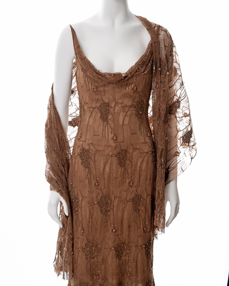 Guy Laroche copper beaded lace evening dress with shawl, fw 2002 For ...