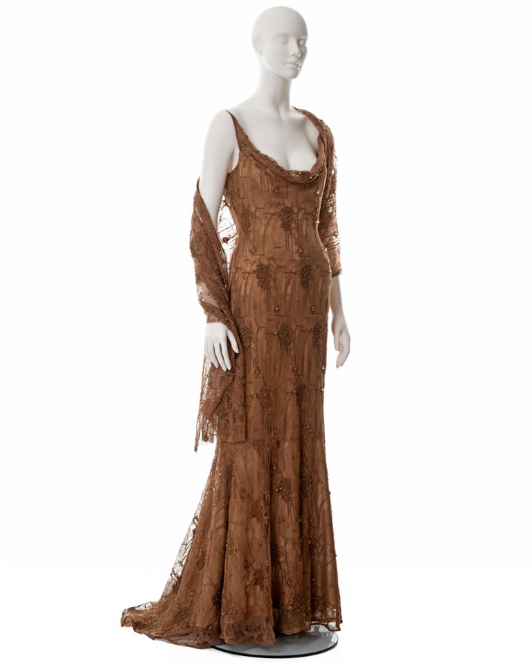 Guy Laroche copper beaded lace evening dress with shawl, fw 2002 For ...
