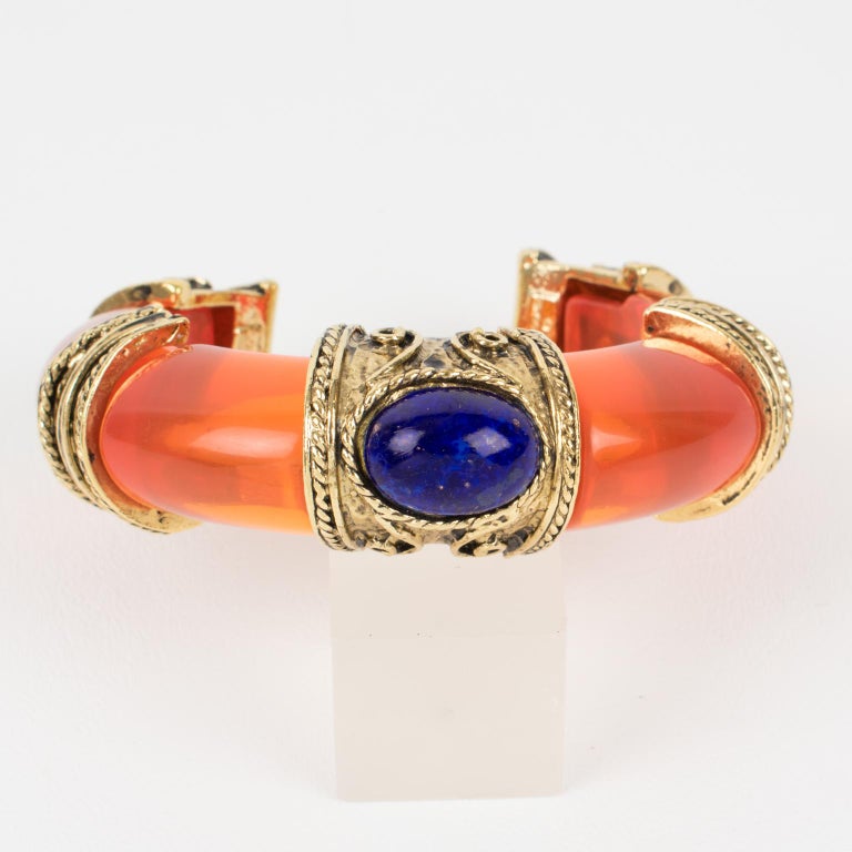 Guy Laroche Orange Lucite Jeweled Cuff Bracelet For Sale at 1stDibs