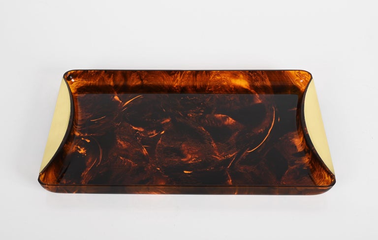 Guzzini Midcentury Lucite and Brass Italian Serving Tray, Tortoiseshell ...