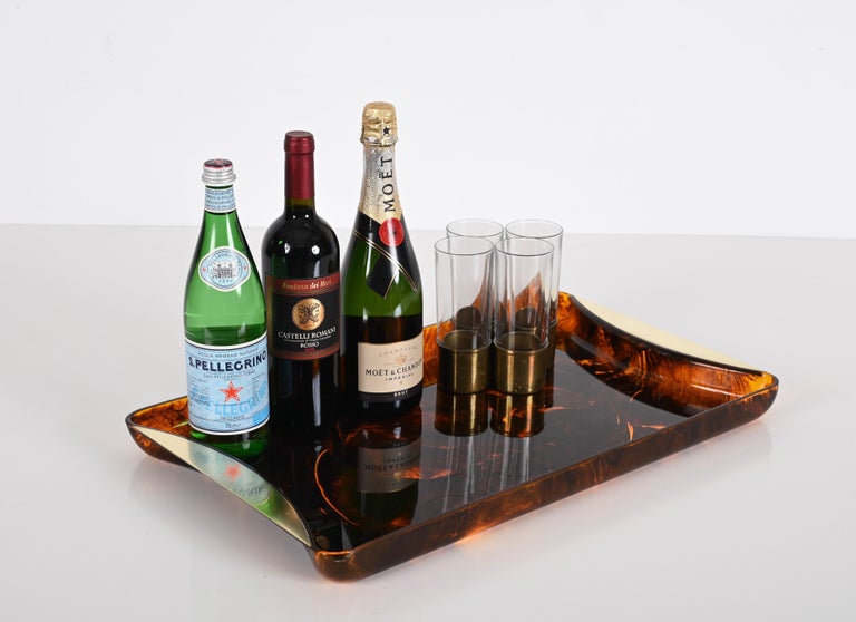 Guzzini Midcentury Lucite and Brass Italian Serving Tray, Tortoiseshell ...