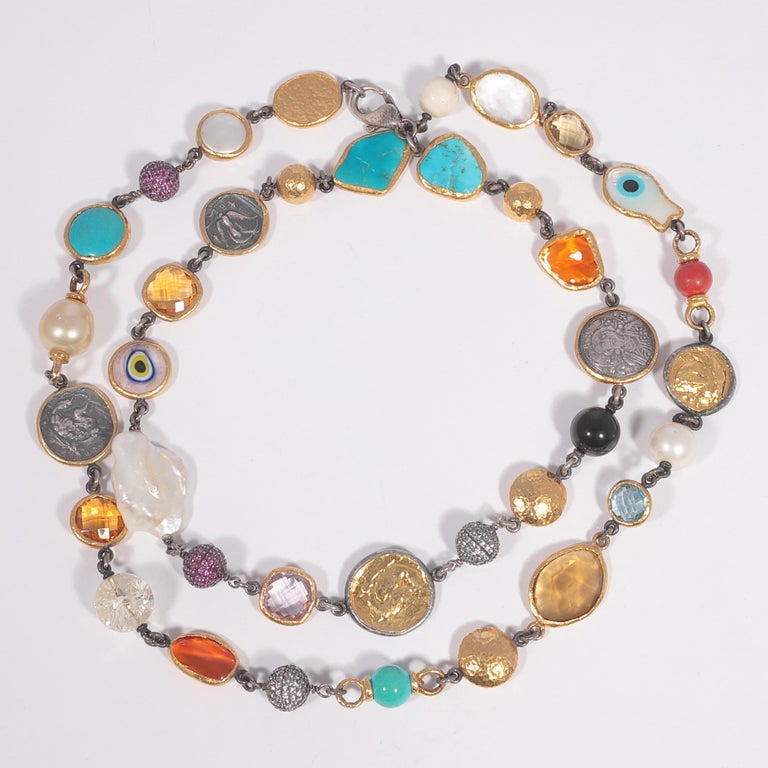 Gypsy Necklace Multiple Gemstones Coins at 1stDibs