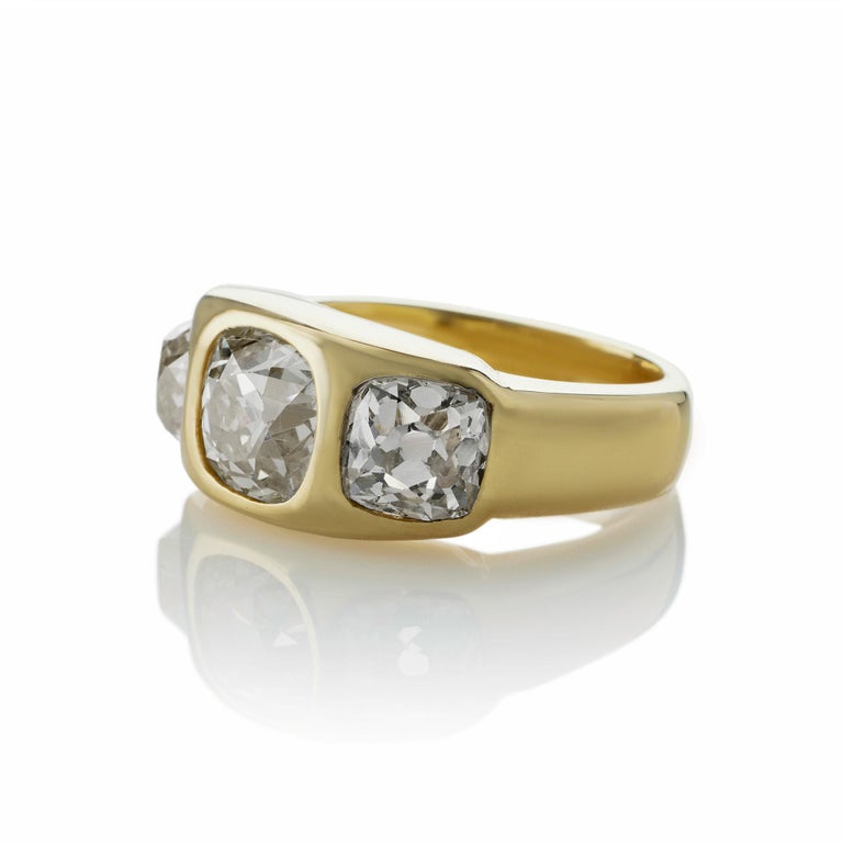 Gypsy-Set Three Stone Old Mine-Cut Diamond Ring For Sale at 1stDibs