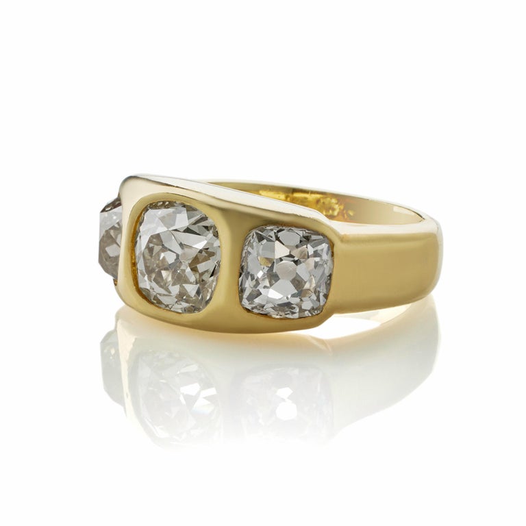 Gypsy-Set Three Stone Old Mine-Cut Diamond Ring For Sale at 1stDibs