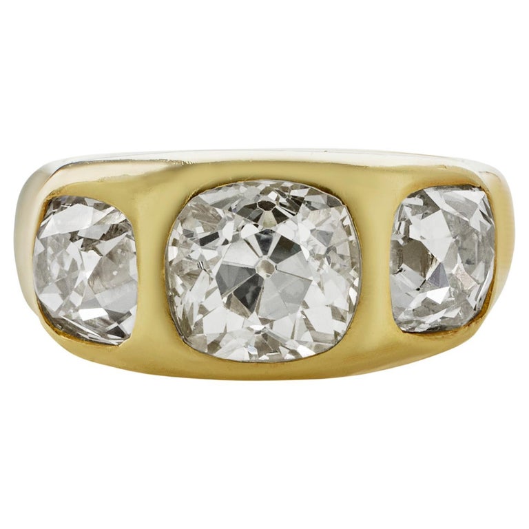Gypsy-Set Three Stone Old Mine-Cut Diamond Ring For Sale at 1stDibs