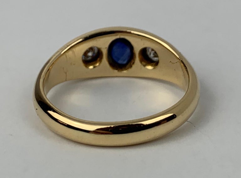 18k Yellow Gold Ring-Oval Sapphire, Two Diamonds-Gypsy Setting at 1stDibs