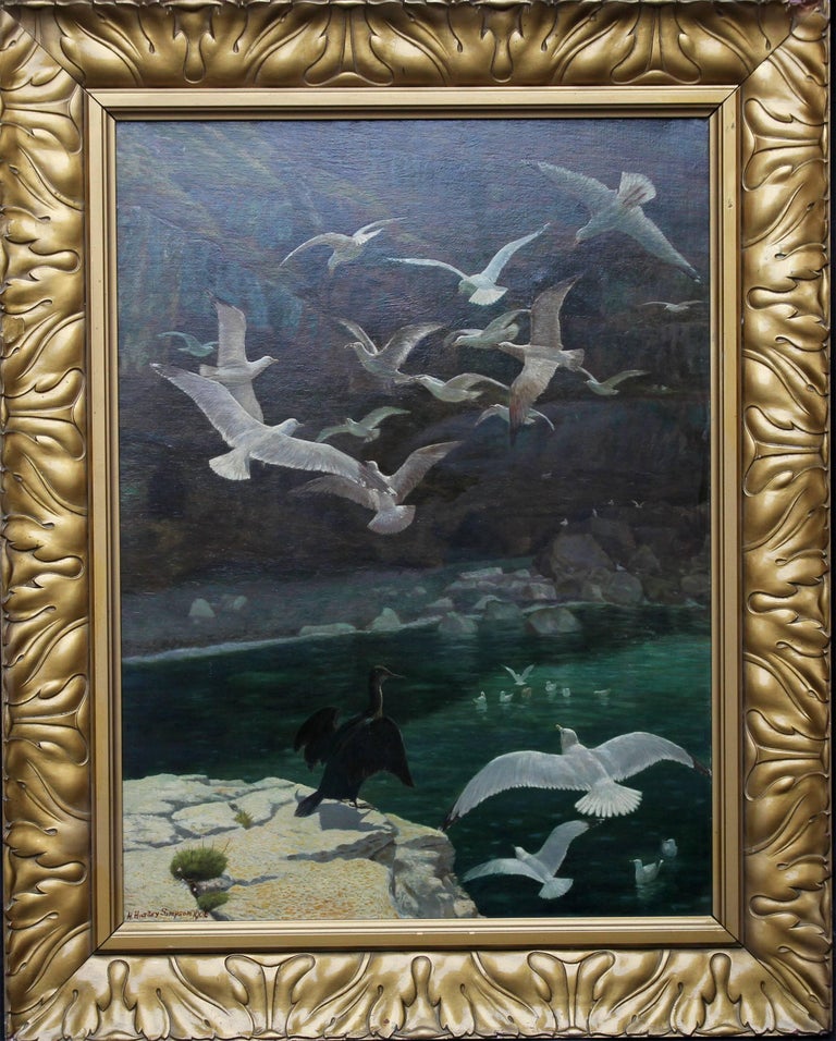 H. Hardy Simpson - Seagulls in the Harbour - Edwardian British art oil ...