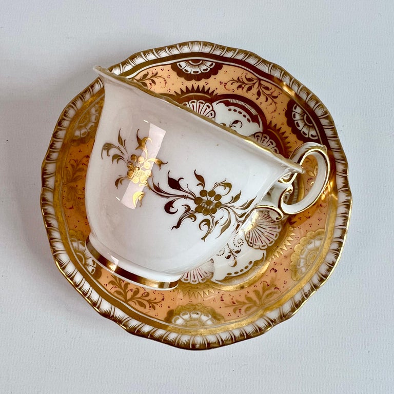 H and R Daniel Porcelain Teacup Trio, Peach and Gilt Shells, Regency ca ...