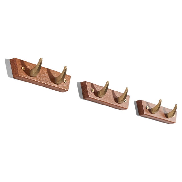 Hafa, Set of Three Coat Hangers, Brass, Teak, Sweden, 1960s For Sale at ...