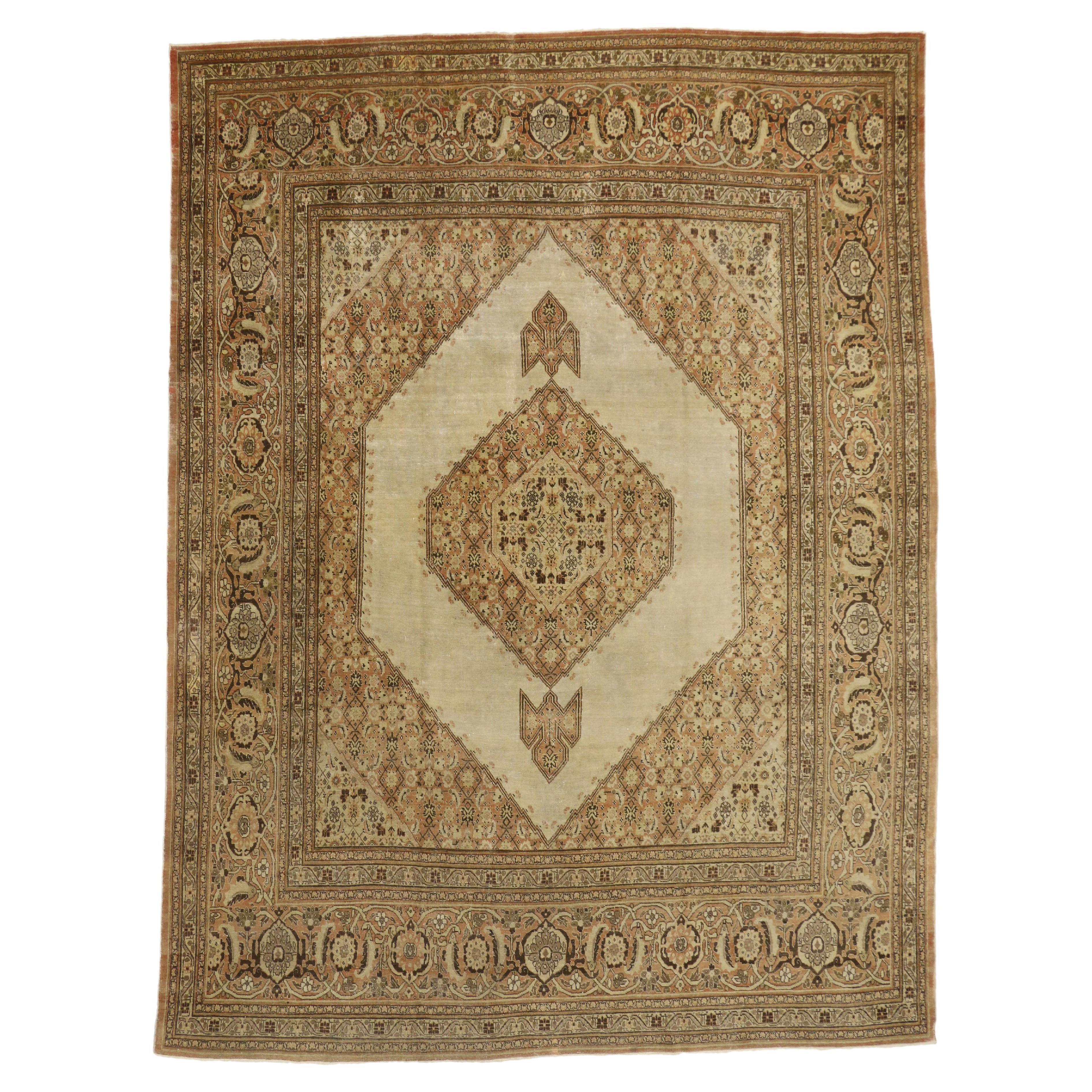 Rustic Vintage Persian Tabriz Rug Warm Neutral Earth-Tone Colors For ...