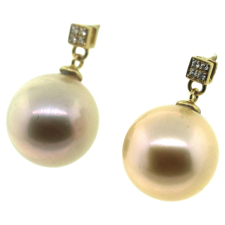 Hakimoto By Jewel Of Ocean 18K Yellow Gold Diamonds Pearl Earrings For ...