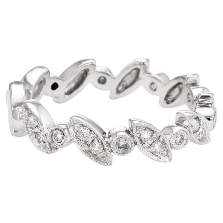 Half Diamond Band 18k White Gold Estate Fine Jewelry Wedding Ring For ...