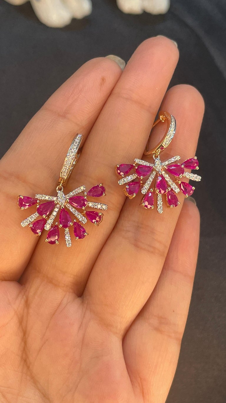 Half Floral Ruby and Diamond Drop Earrings with English Lock in 14K ...
