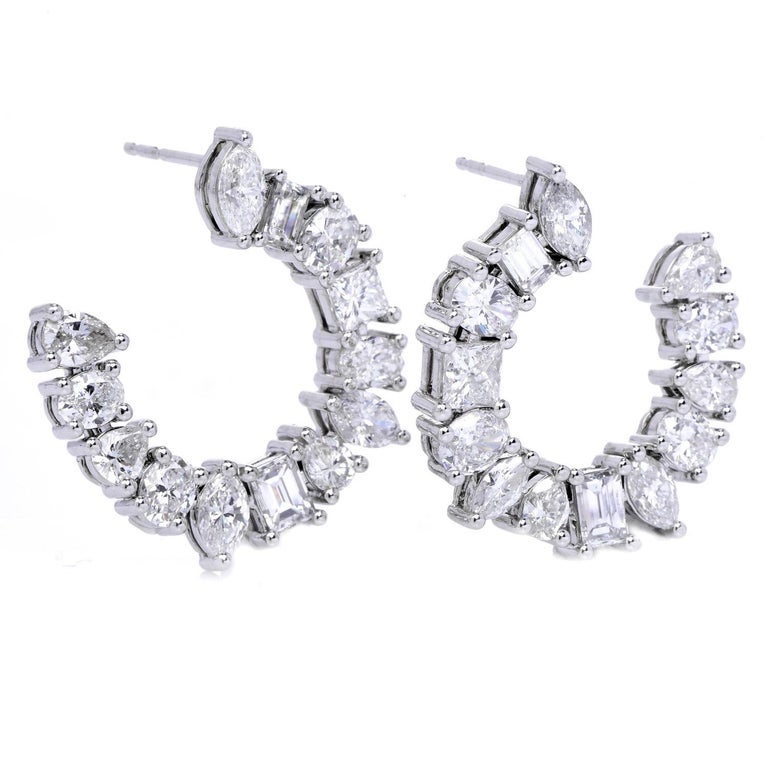 Half Hoop Diamond Platinum Multi-Shaped Link Hoop Earrings For Sale at ...