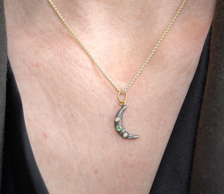 Half Moon with Emerald and Diamonds, Charm Pendant Necklace, 24kt Gold ...