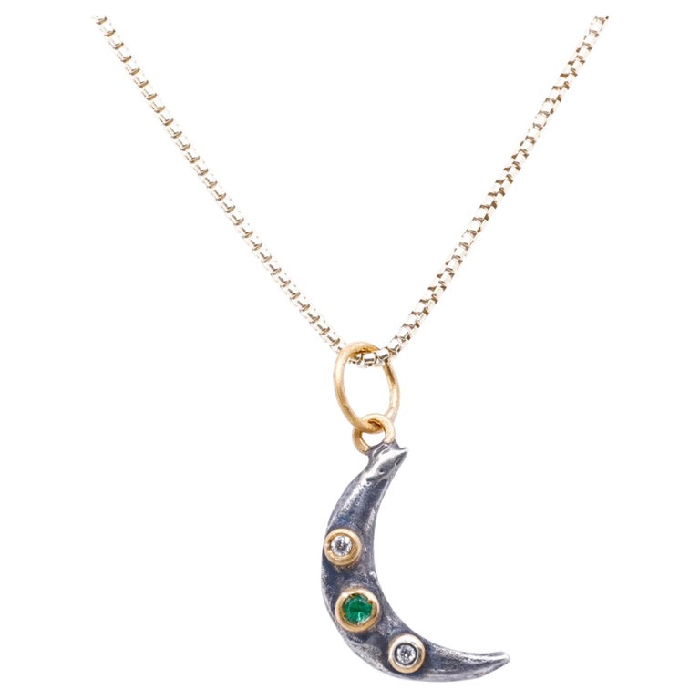 Half Moon with Emerald and Diamonds, Charm Pendant Necklace, 24kt Gold ...