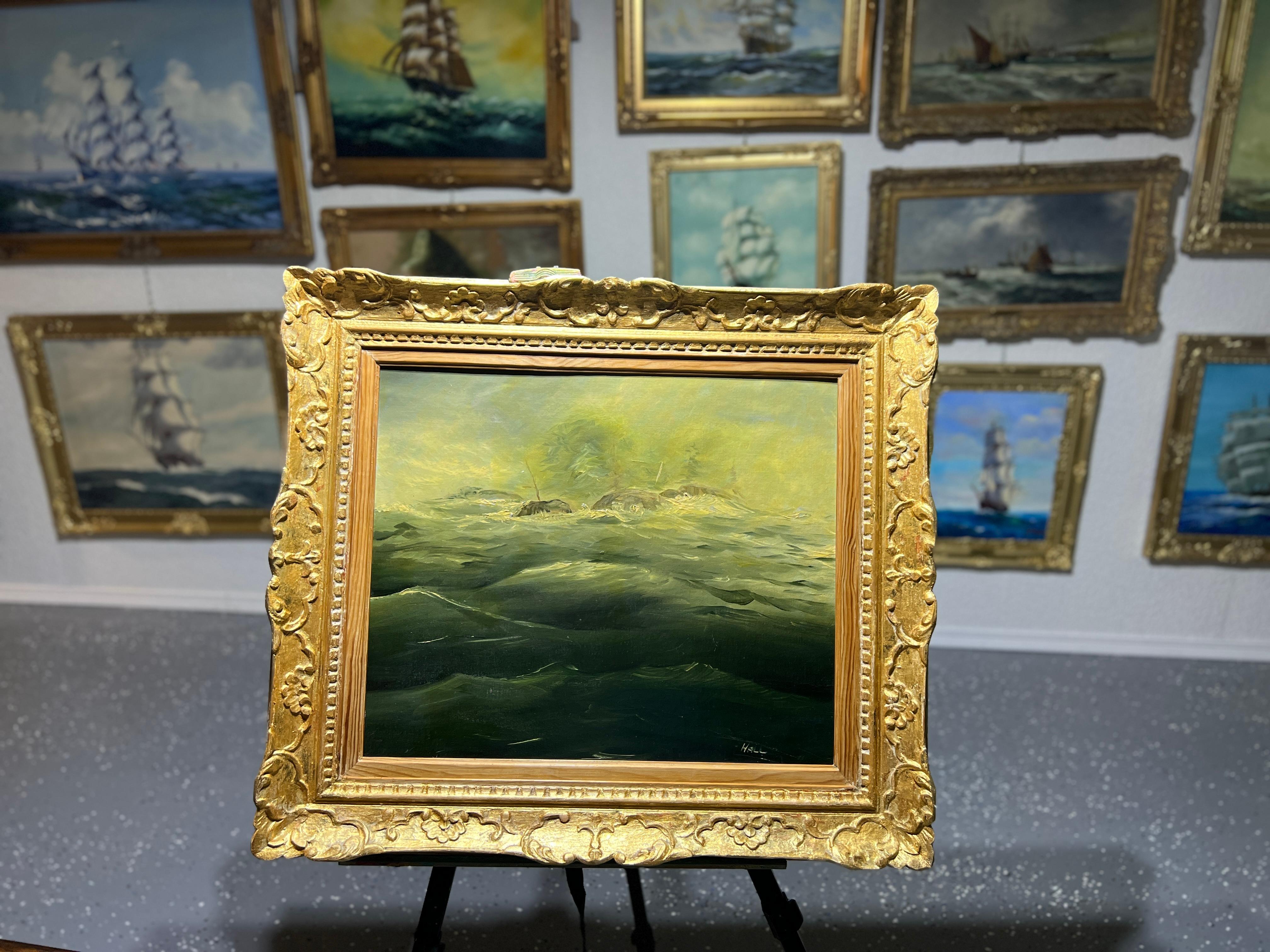 Hall - Original Vintage Oil painting on canvas panel, seascape, signed ...