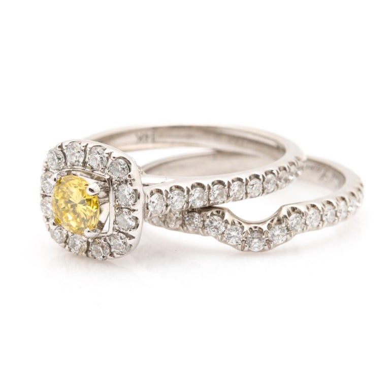 Customizable Halo Canary Yellow Diamond Engagement Ring Set, Diamonds ...