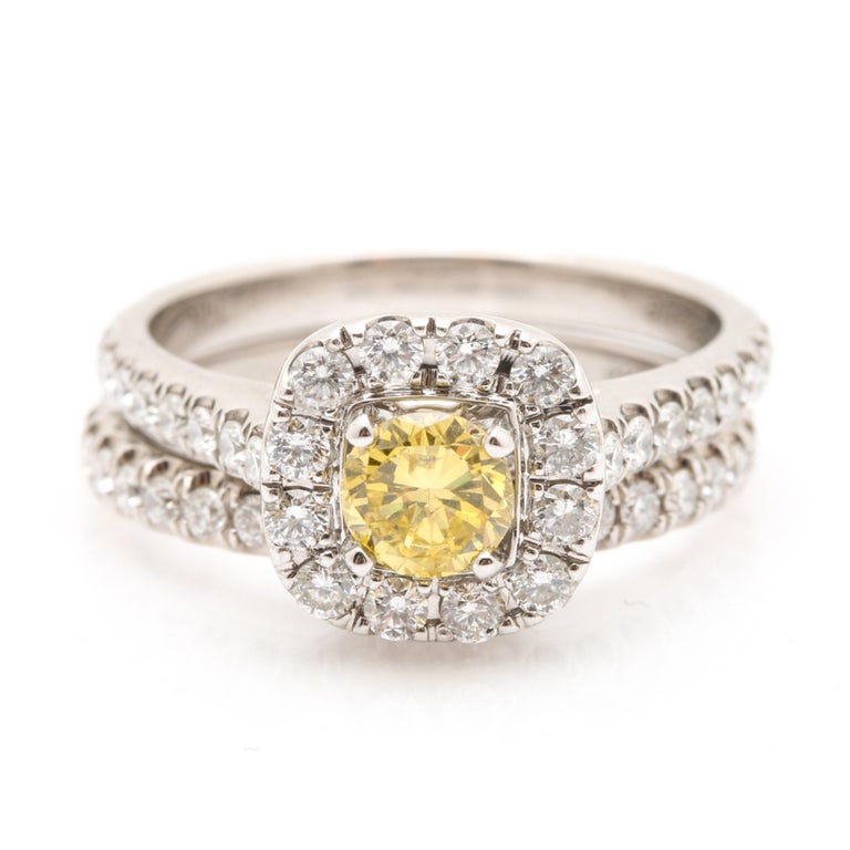 Customizable Halo Canary Yellow Diamond Engagement Ring Set, Diamonds ...