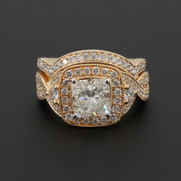 Customizable Halo Cushion Cut Diamonds Engagement Ring Set. Unique 18K ...