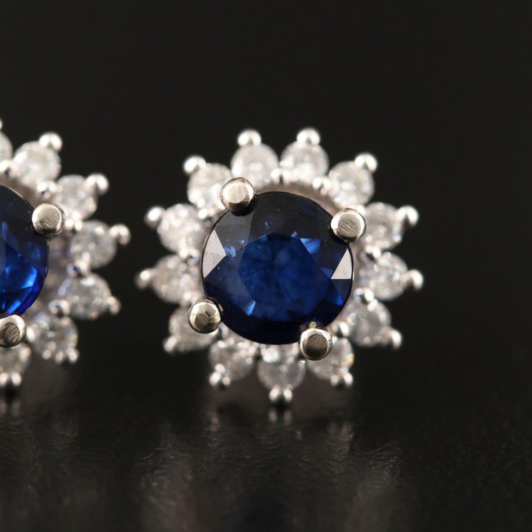 Halo Sapphire Stud Earrings, 18K Gold Sapphire Earring for women For ...