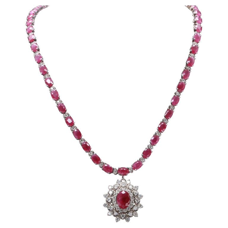 Halo Vintage Oval Cut Ruby Diamonds Necklace, Natural Ruby For Sale at ...