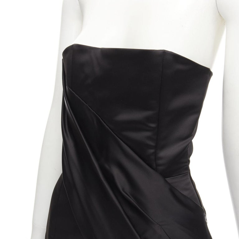 HALPERN black satin asymmetric draped bustier bodice mini dress FR36 XS ...