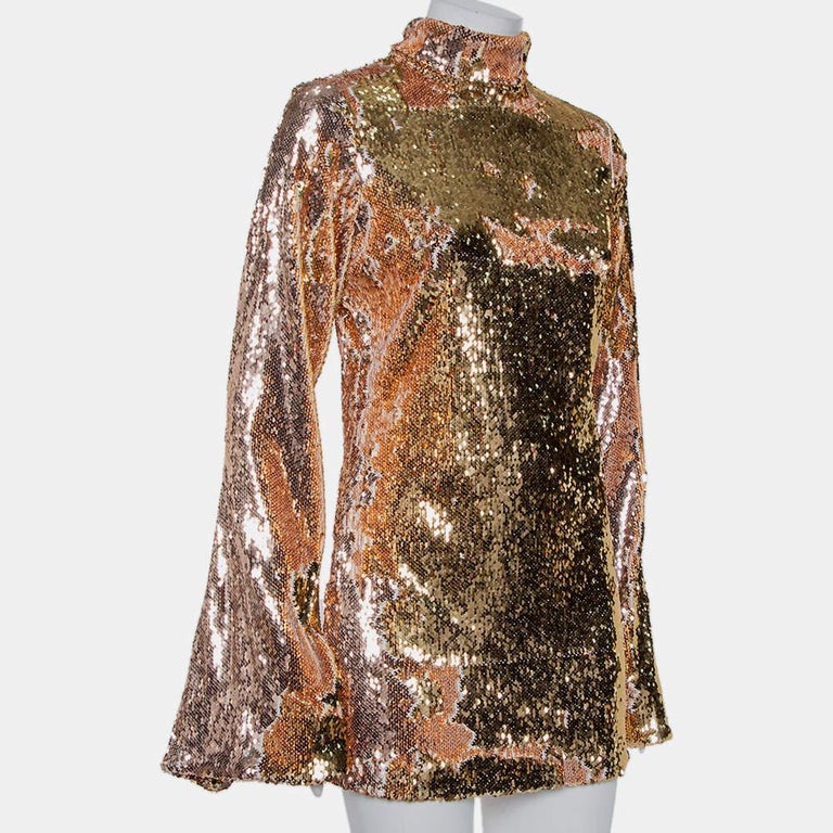 Halpern Gold Sequin Embellished Knit Bell Sleeve Detail Mini Dress S ...