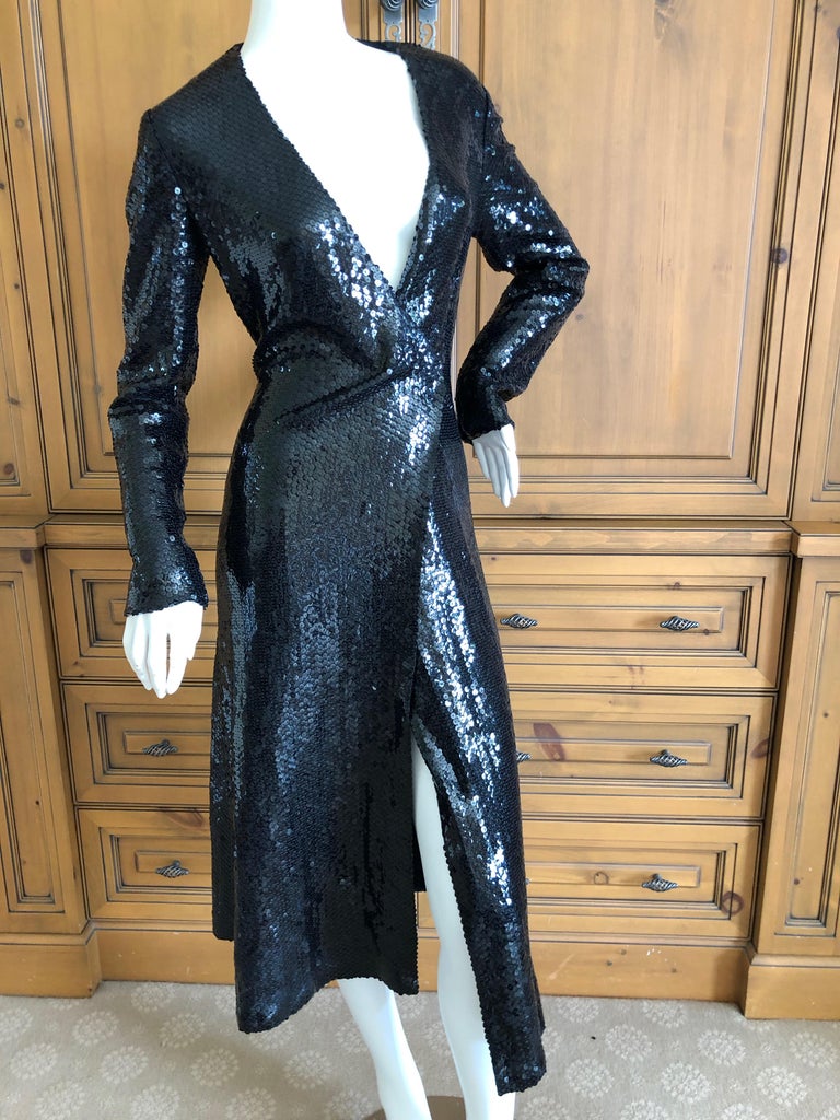 Halston 1970's Disco Era Low Cut Sequin Little Black Wrap Style Dress ...