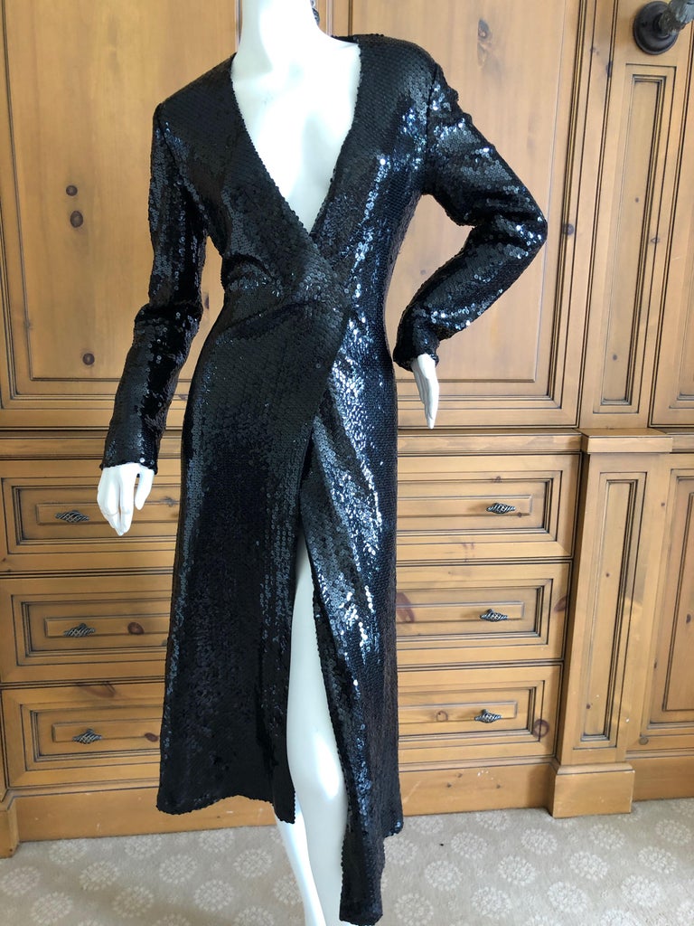 Halston 1970's Disco Era Low Cut Sequin Little Black Wrap Style Dress ...