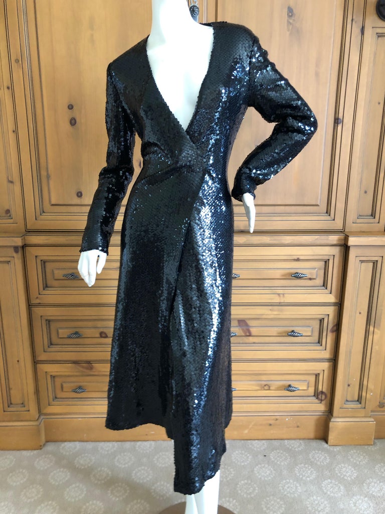 Halston 1970's Disco Era Low Cut Sequin Little Black Wrap Style Dress ...