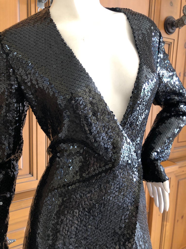 Halston 1970's Disco Era Low Cut Sequin Little Black Wrap Style Dress ...