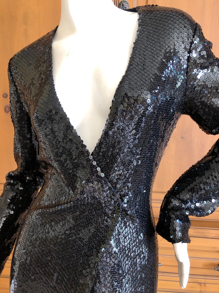 Halston 1970's Disco Era Low Cut Sequin Little Black Wrap Style Dress ...