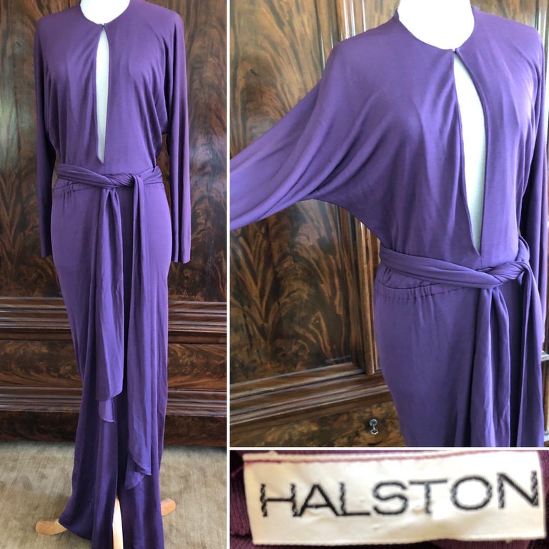 Halston 1970's Purple Jersey Disco Era Keyhole Dress with HIgh Slit and ...