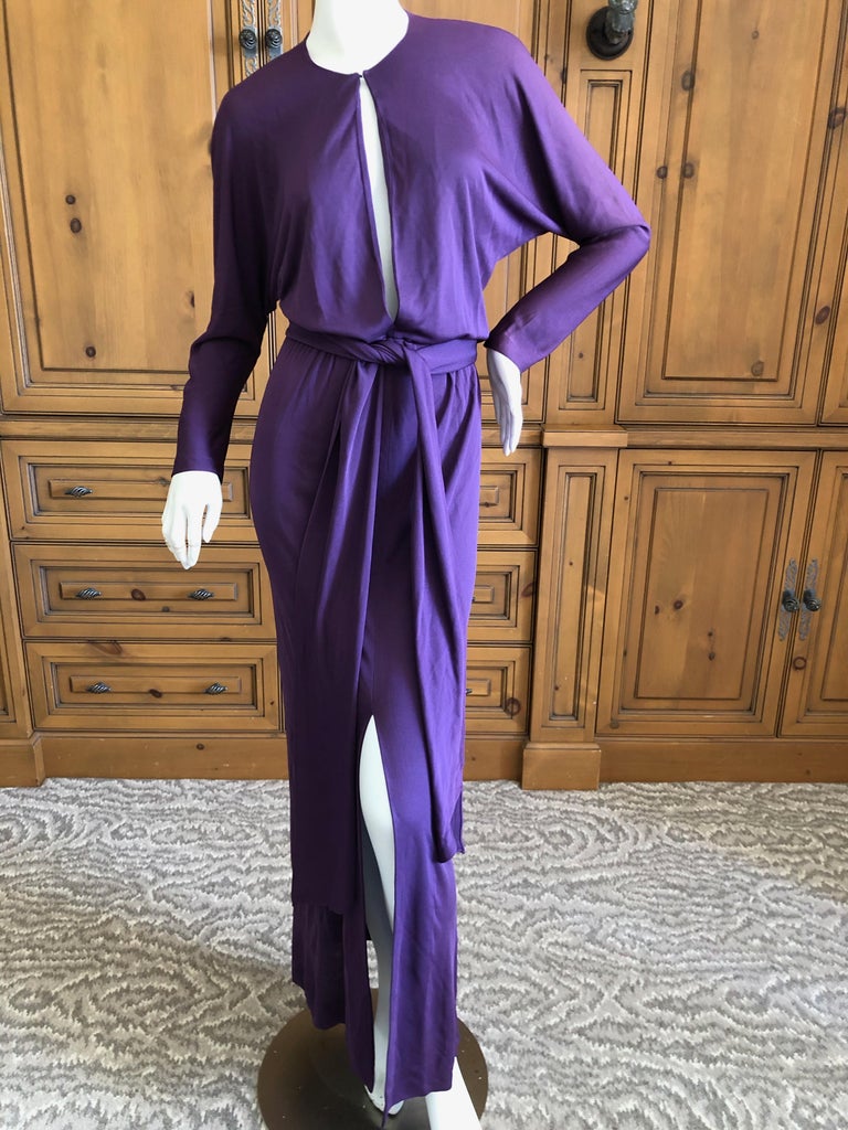 Halston 1970's Purple Jersey Disco Era Keyhole Dress with HIgh Slit and ...