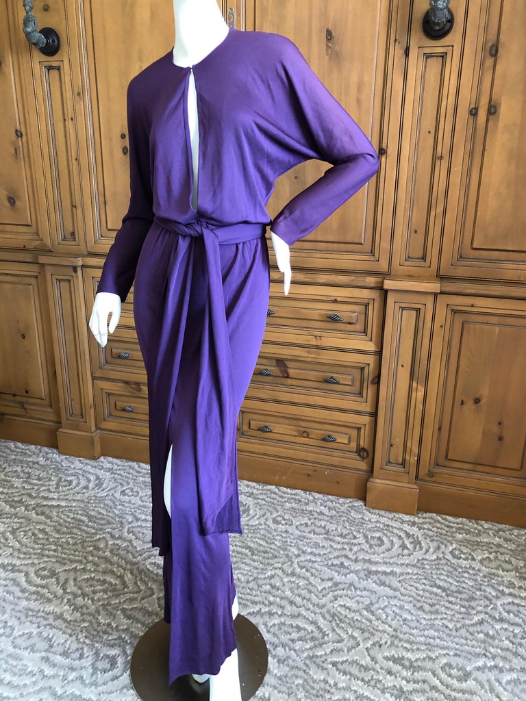 Halston 1970's Purple Jersey Disco Era Keyhole Dress with HIgh Slit and ...