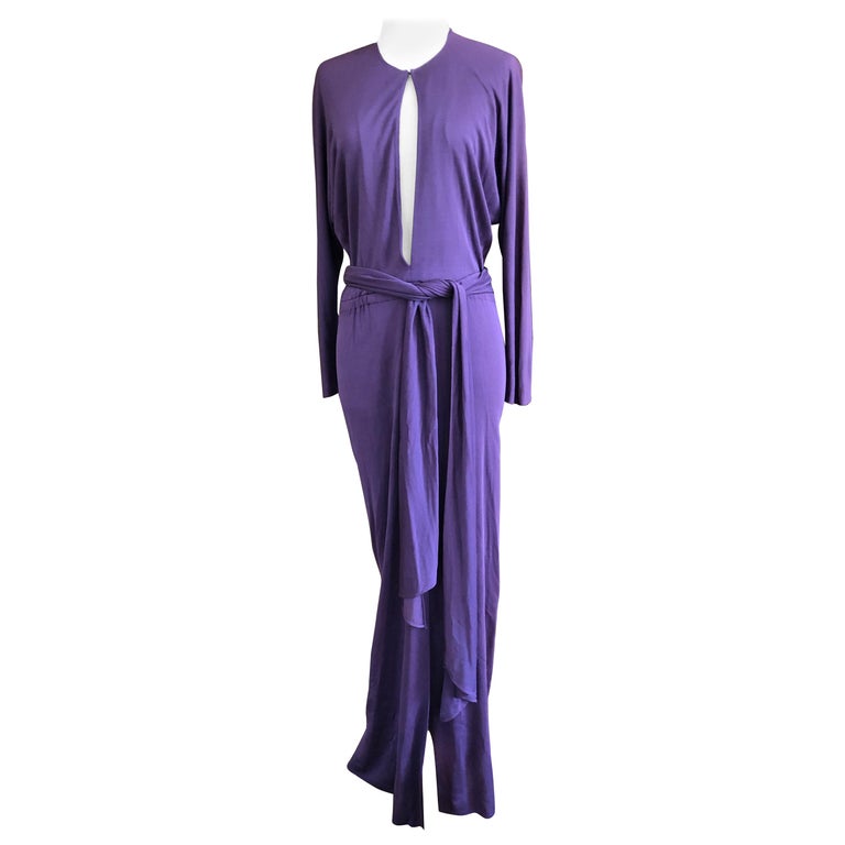 Halston 1970's Purple Jersey Disco Era Keyhole Dress with HIgh Slit and ...