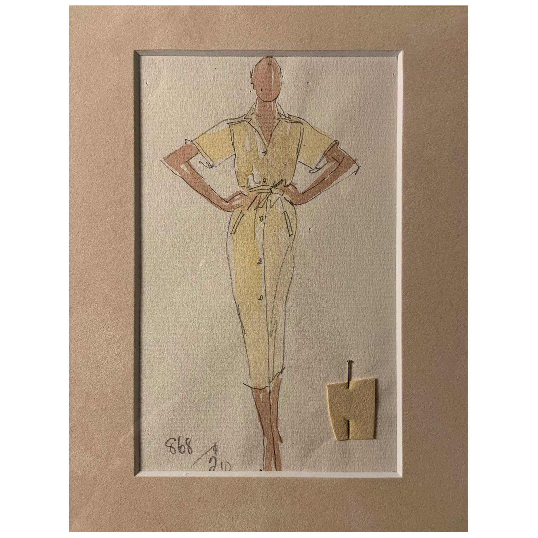 Halston 1970's Ultrasuede Dress Fashion Sketch by Joe Eula with Fabric ...
