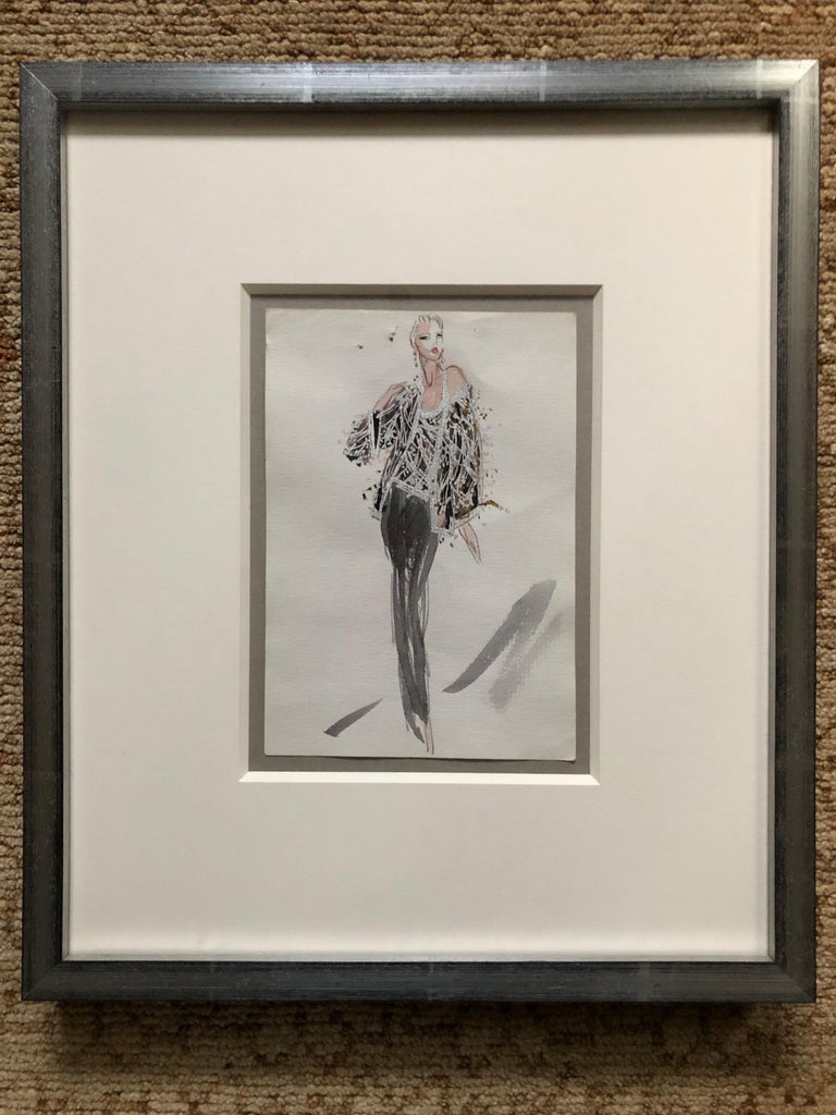 Halston 1983 Original Fashion Illustration Beaded Feather Ensemble at ...