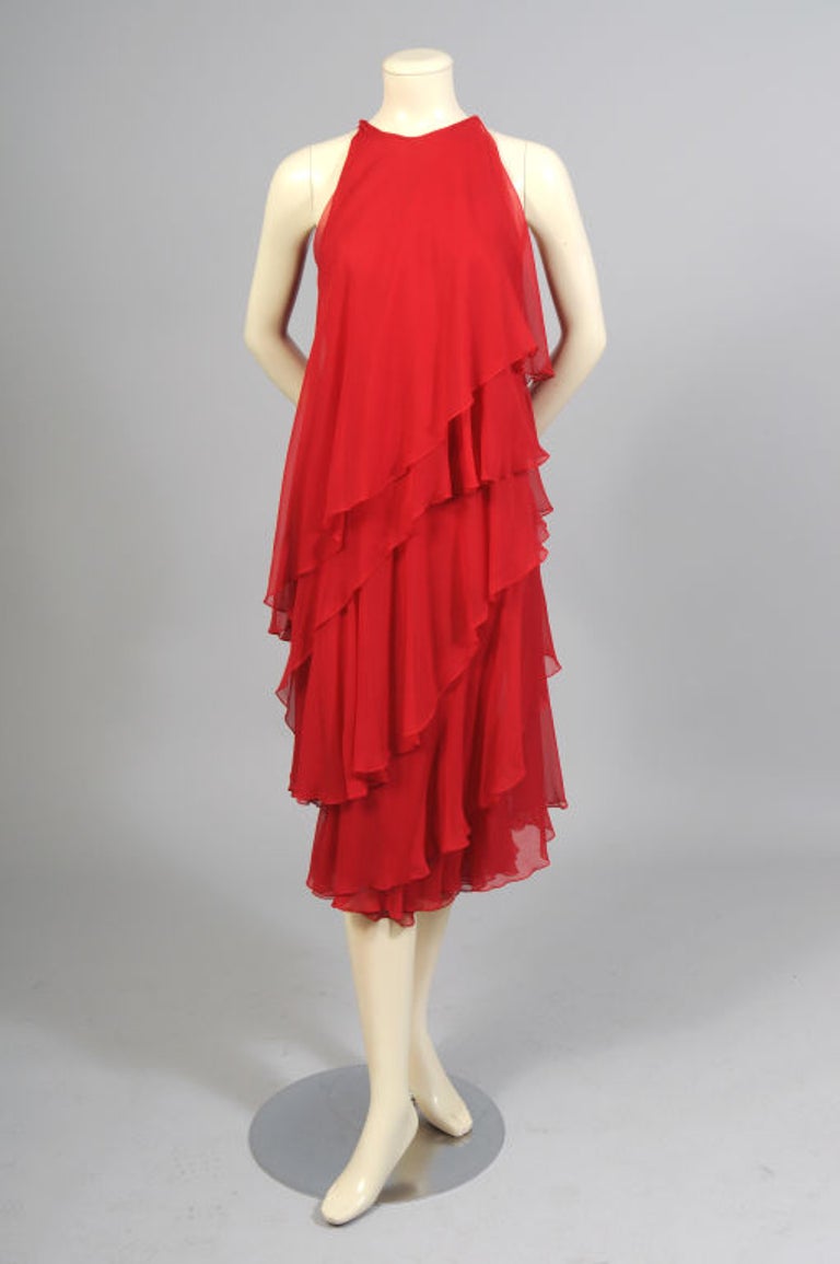 Halston Red Tiered Silk Chiffon Evening Dress, 1970s at 1stDibs