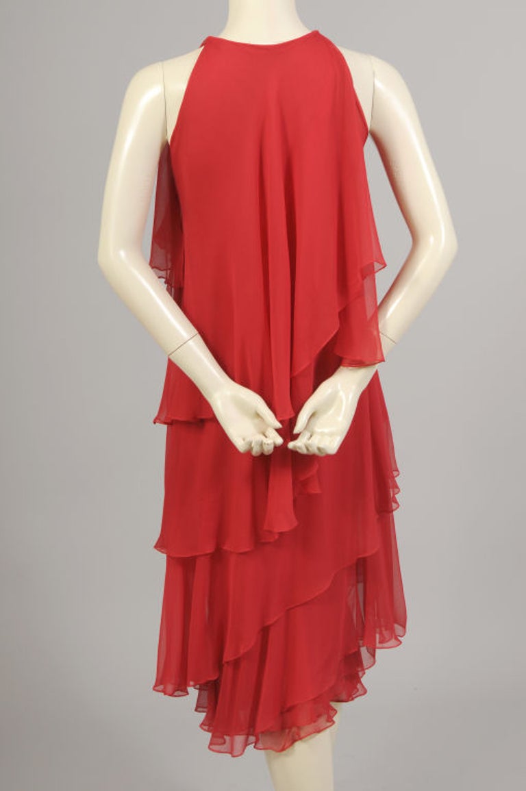 Halston Red Tiered Silk Chiffon Evening Dress, 1970s at 1stDibs