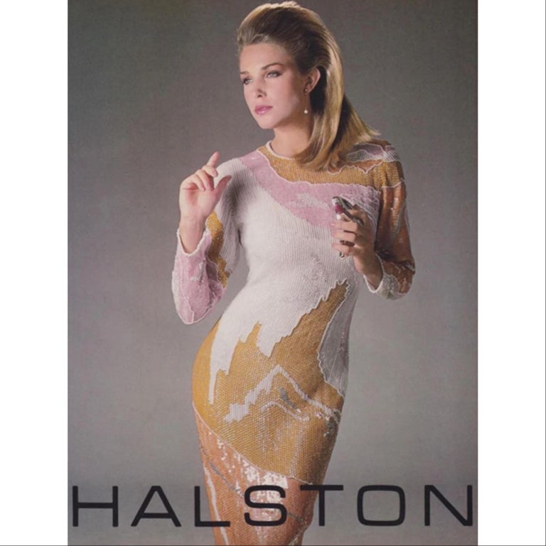 Halston Couture Sequin Pearl Beaded Sunset Colors Dress Documented ...