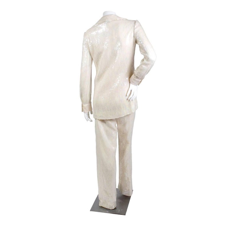 Halston Iridescent Cream Sequin Jacket and Pants circa 1970s at 1stDibs