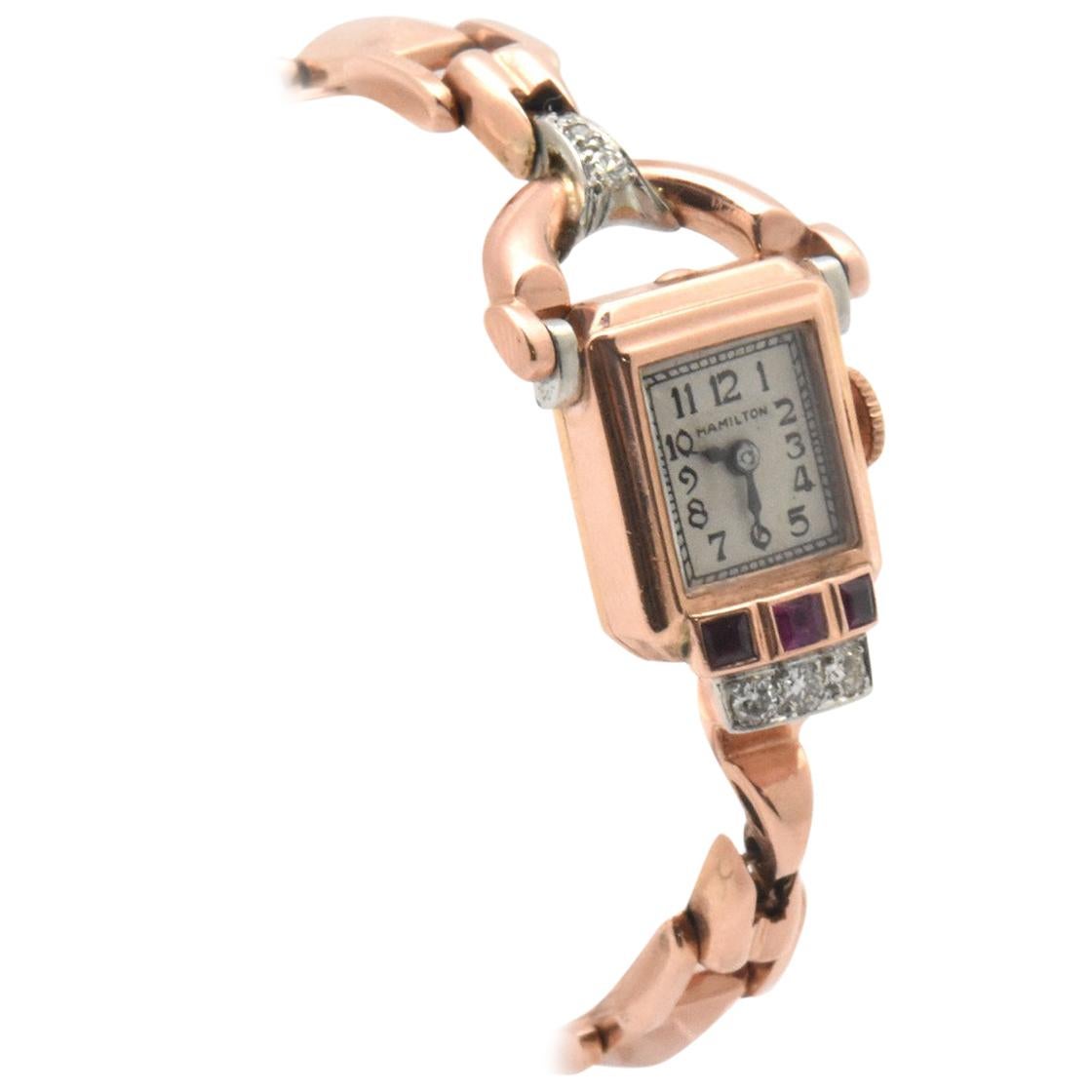 Hamilton Ladies Rose Gold Diamond Ruby Vintage manual wind Wristwatch ...