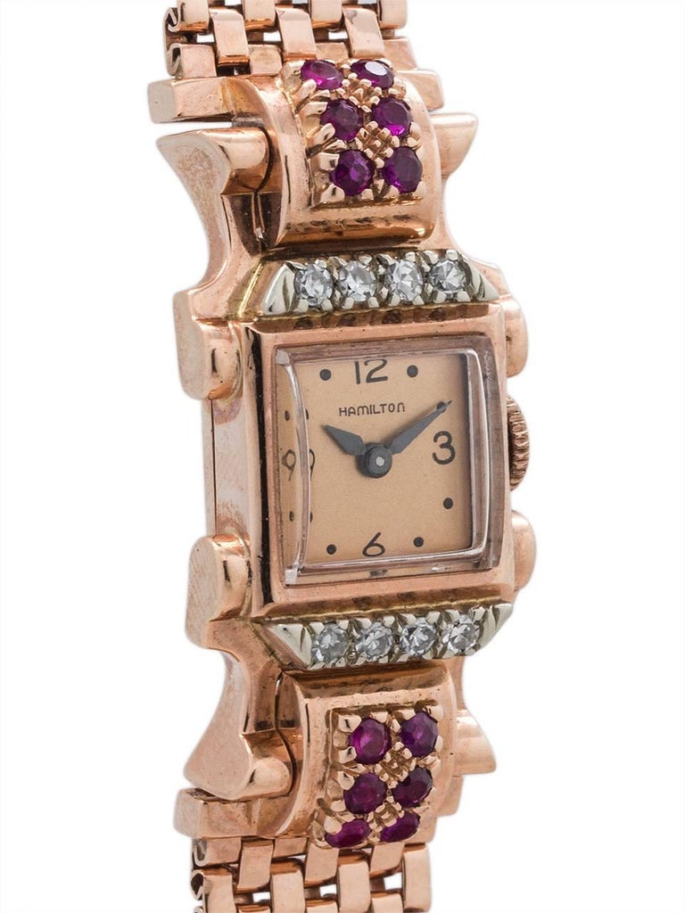Hamilton Ladies Rose Gold Ruby and Diamond Dress Model Wristwatch ...